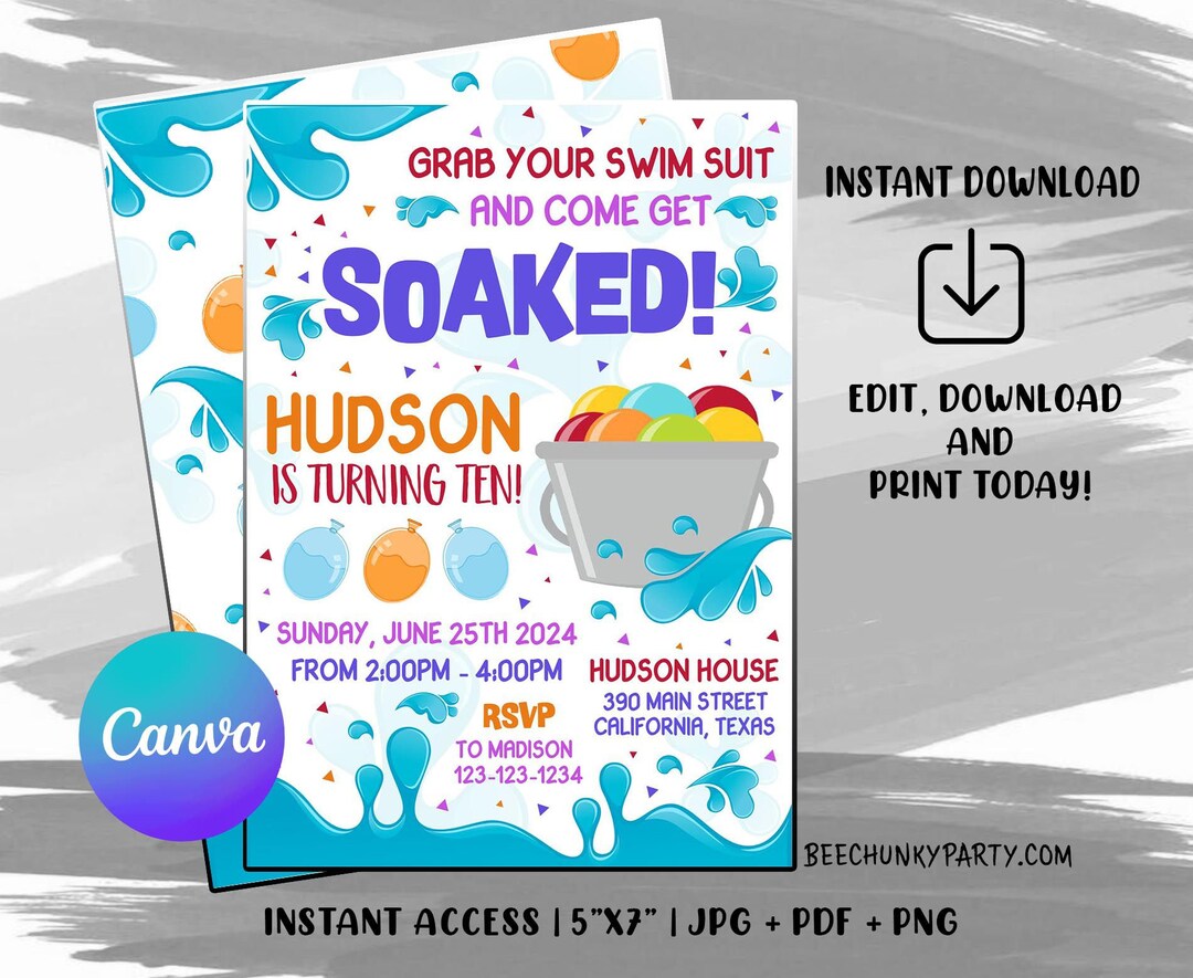 Water Balloon Birthday Invitation, Water Splash Party Invitation ...