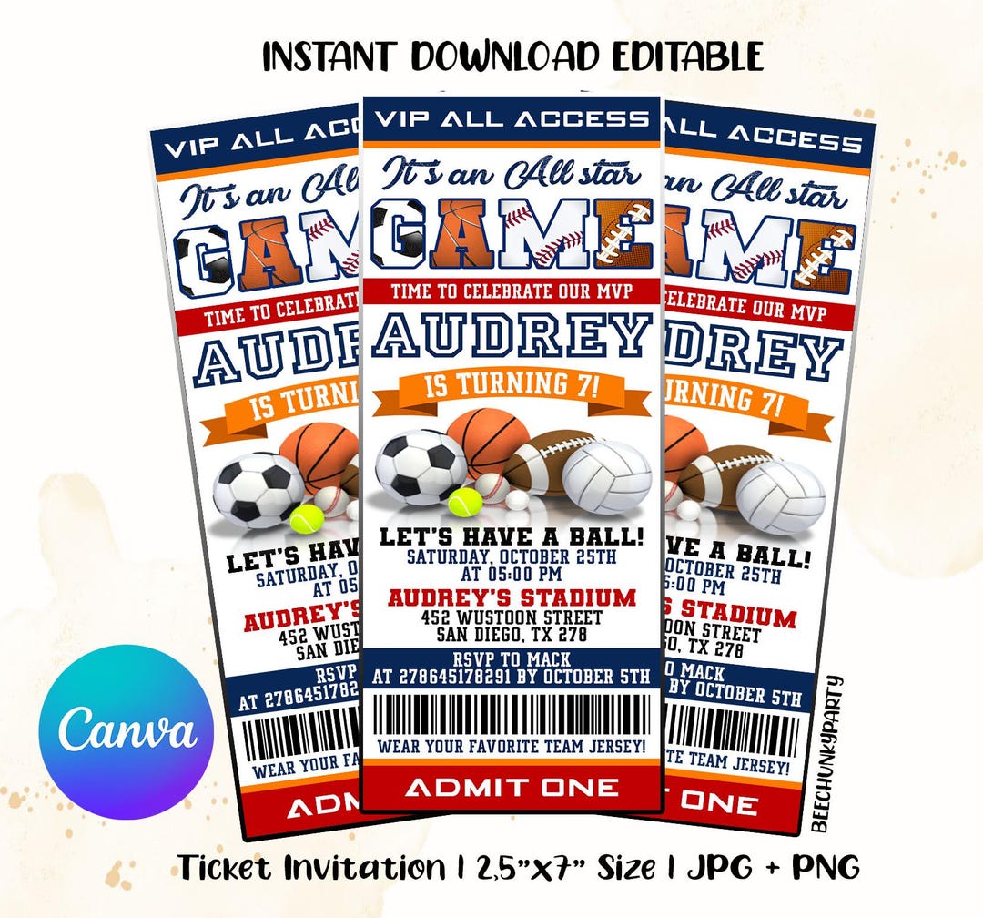 Editable All Star Sport Ticket Invitation, Sports Birthday Invitation ...