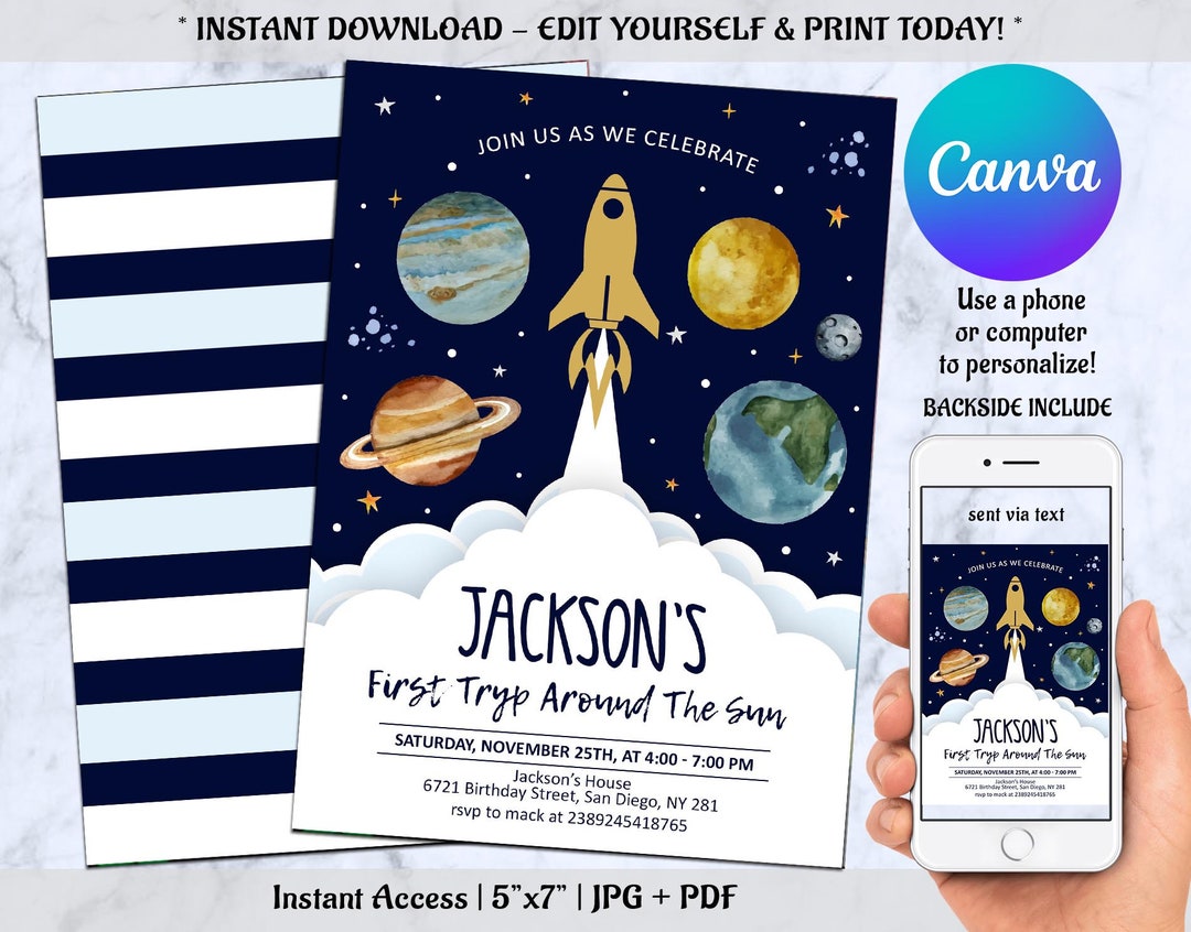 Editable Space Birthday Invitation, Planets Rocket Ship Astronaut ...