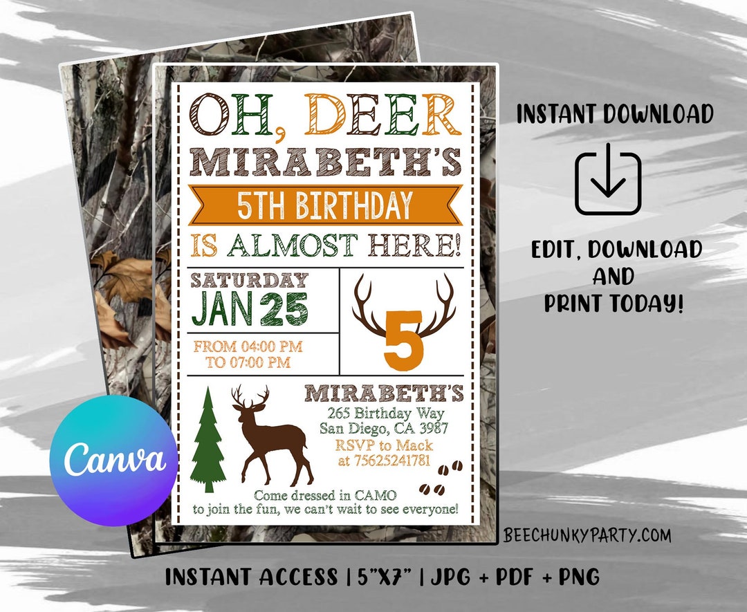 Hunting Birthday Party Invitation, Hunting Birthday Invitation, Deer ...