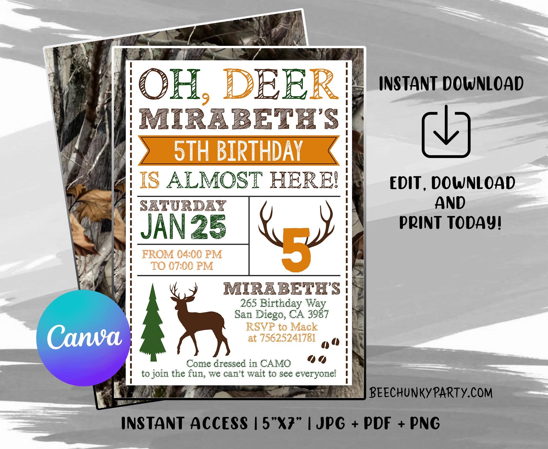 Hunting Birthday Party Invitation, Hunting Birthday Invitation, Deer ...