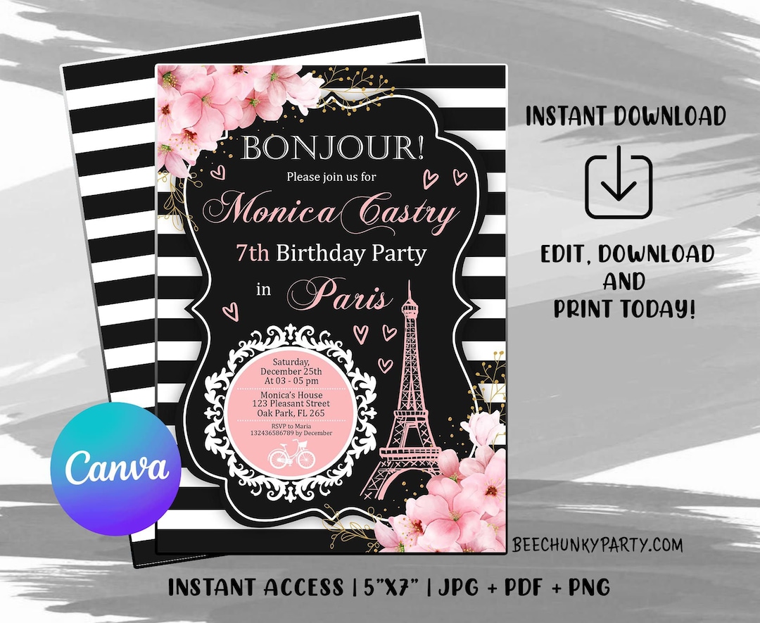 Paris Birthday Invitation Template, Paris Birthday Party Invitation ...
