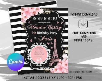 Editable Paris Birthday Invitation Template, Paris Birthday Party ...