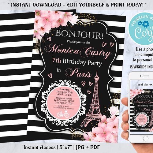 Paris Birthday Invitation Template Paris Birthday Party - Etsy