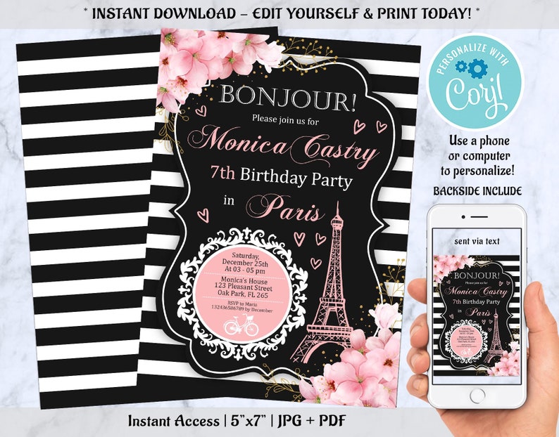 Paris Birthday Invitation Template Paris Birthday Party - Etsy