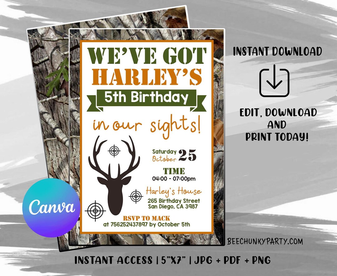 Hunting Birthday Party Invitation, Hunting Birthday Invitation, Deer ...