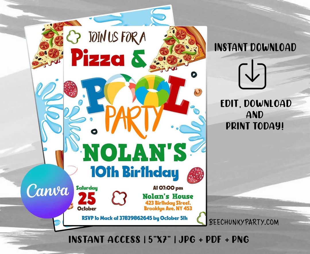 Pizza Pool Party Invitation, Boy Pool Party, Pizza and Pool Party ...