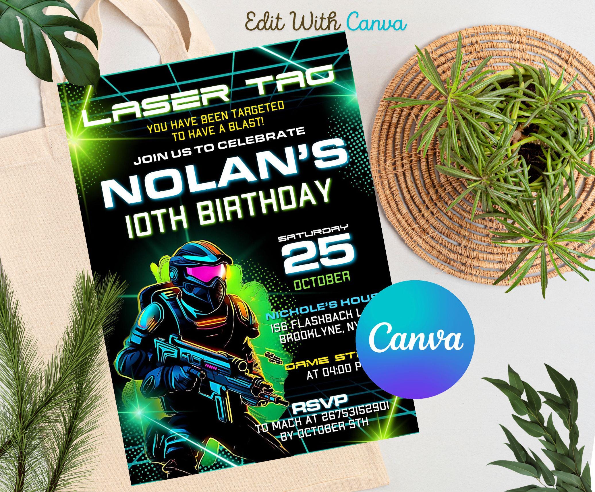 EDITABLE Laser Tag Birthday Invitation, Laser Tag Party Invitation ...