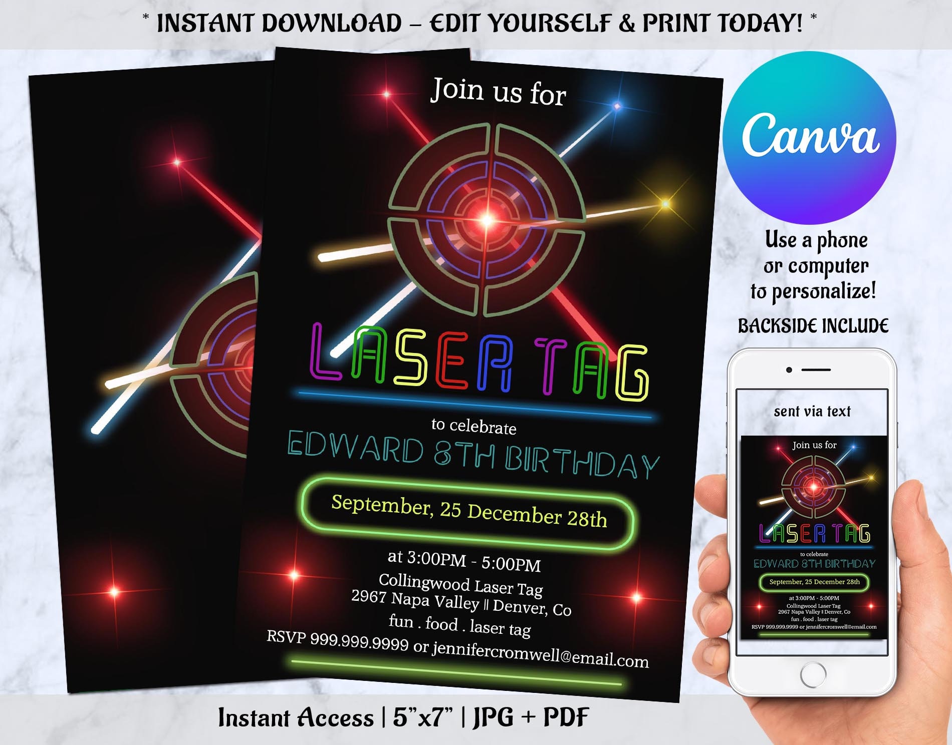Editable Laser Tag Invitation Neon Laser Tag Birthday - Etsy