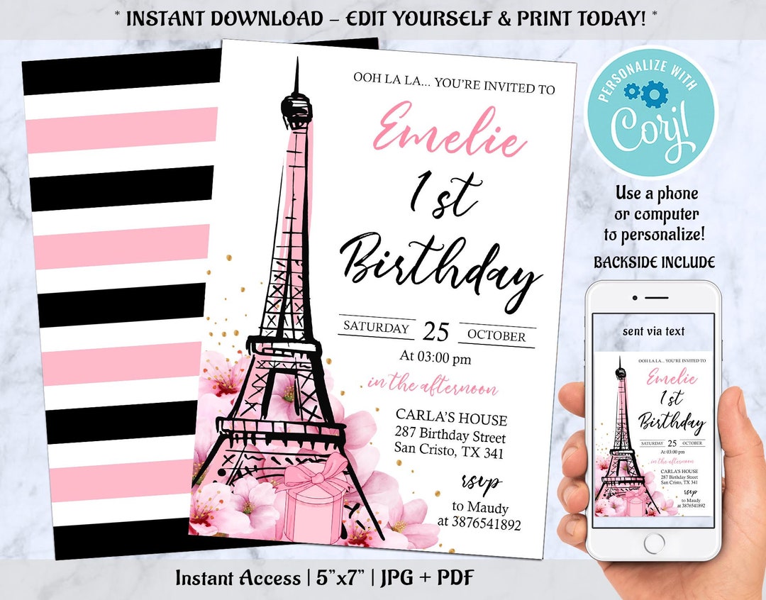 Paris Birthday Invitation Template, Paris Birthday Party Invitation ...