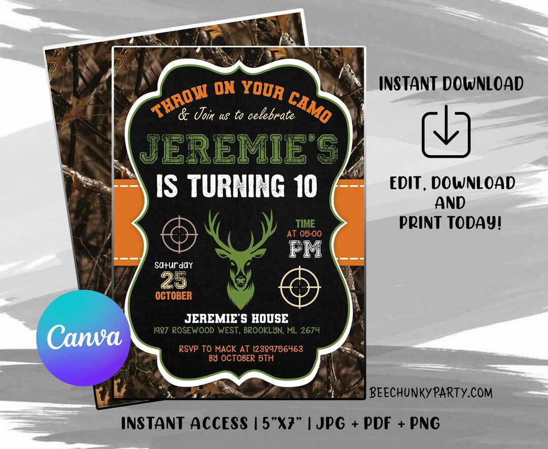 Editable Hunting Birthday Invitation. Camo Birthday. Deer Birthday ...