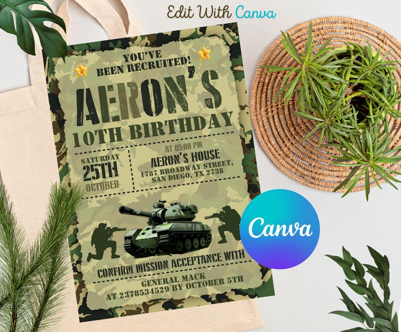 Editable Military Party Invitations, Army Birthday Invitation, Soldier ...