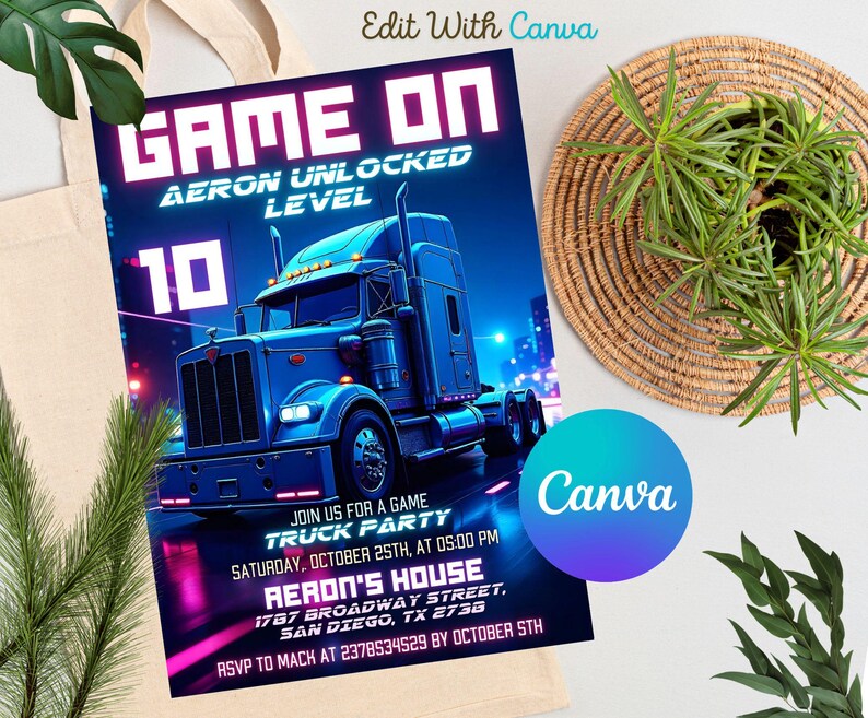 Video Game Truck Birthday Invitation, Neon Gamer Truck Party Invite ...