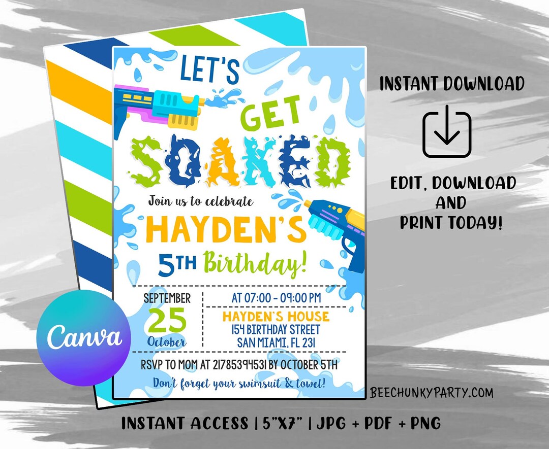 Editable Water Gun Birthday Invitation, Water Gun Invitation, Splash ...