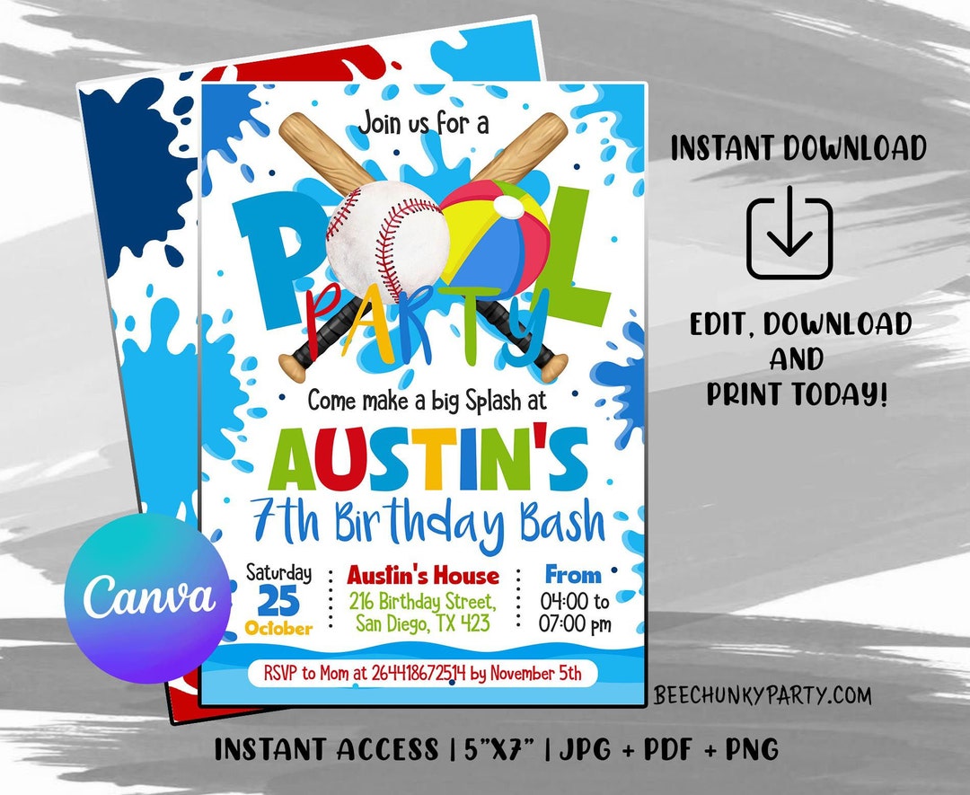 Editable Baseball Pool Birthday Party Invitation, Sports Birthday ...