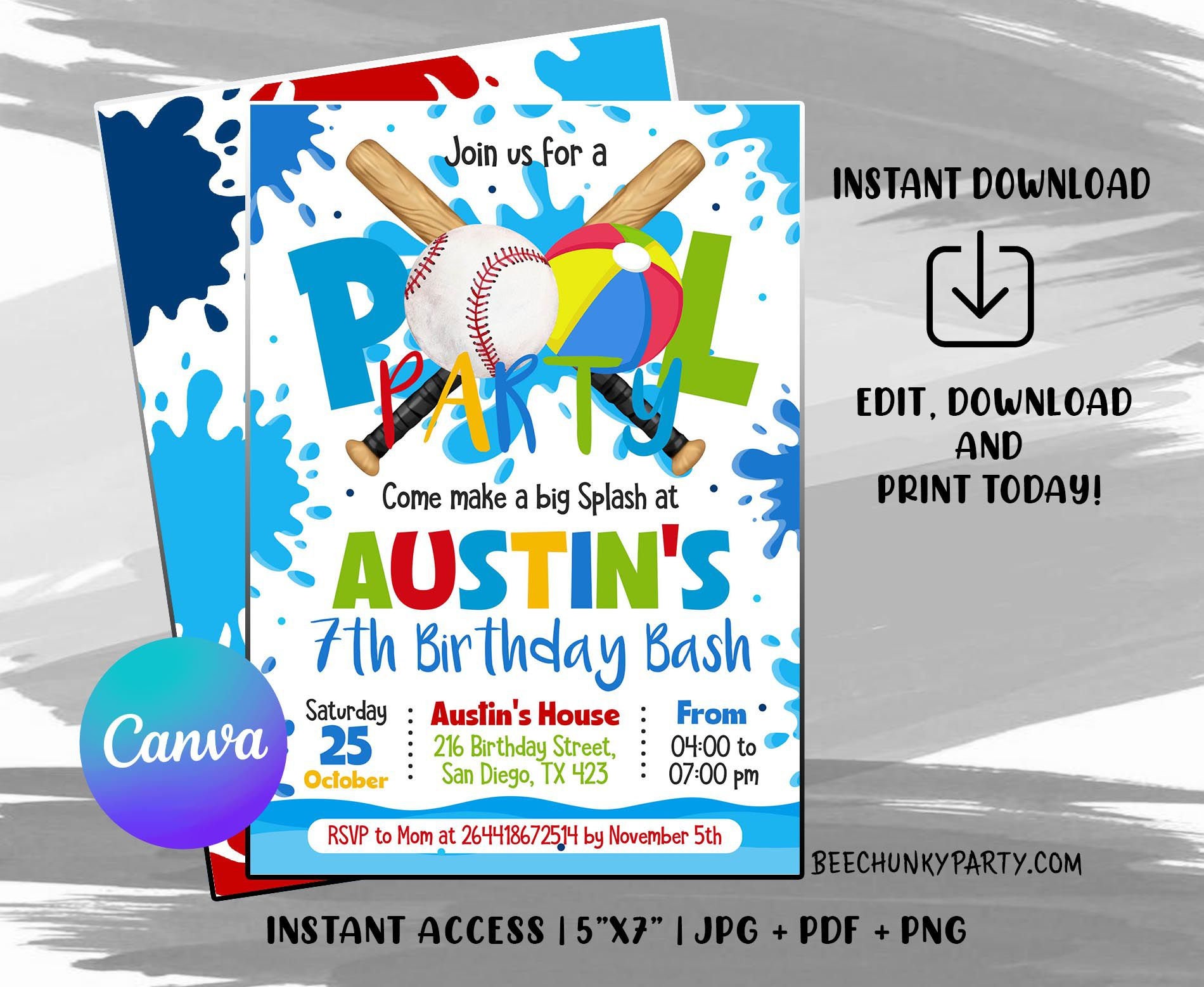 Editable Baseball Pool Birthday Party Invitation, Sports Birthday ...