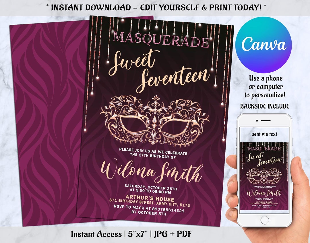 Editable Masquerade Party Invitation, Woman Masquerade Birthday Party ...