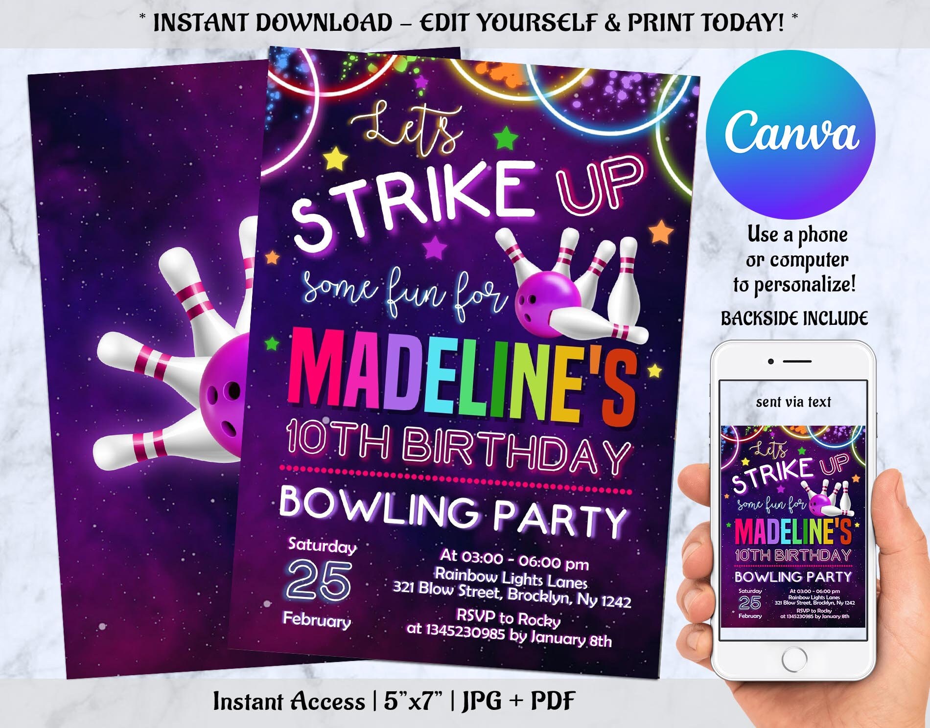 Editable Bowling Invitation, Bowling Birthday Invitation, Bowling ...