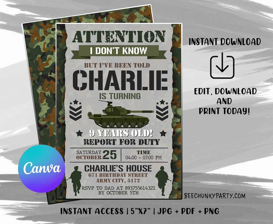 Editable Army Invitation, Army Birthday Invitation, Army Invitation ...