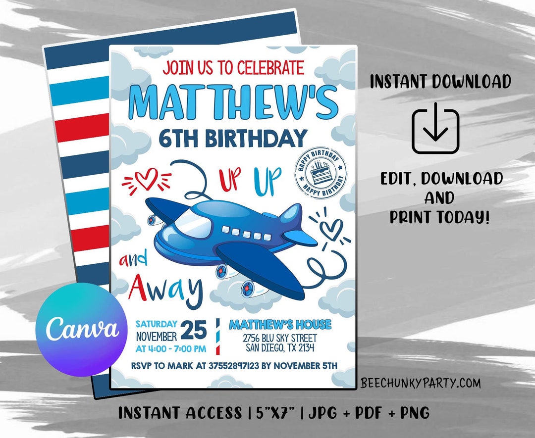 Editable Airplane Birthday Invitation Template, Airplane Invitation ...