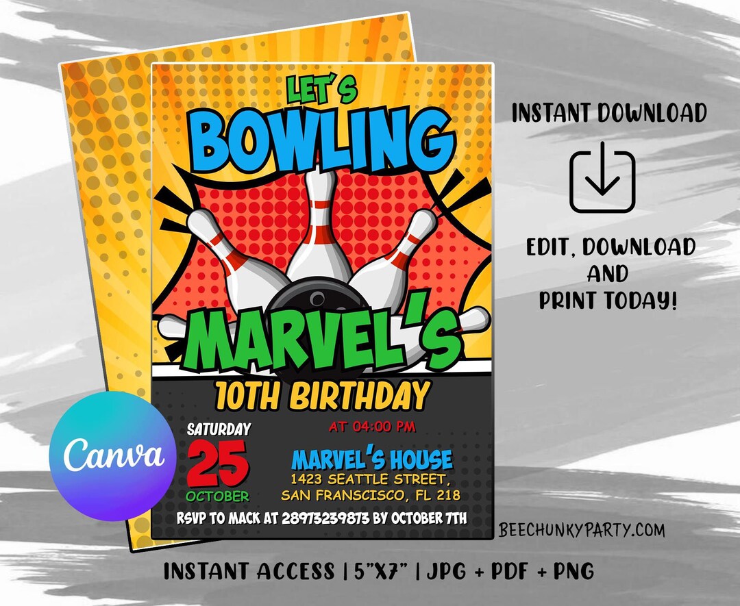 EDITABLE Bowling Party Invitation, Editable Bowling Birthday Invitation ...