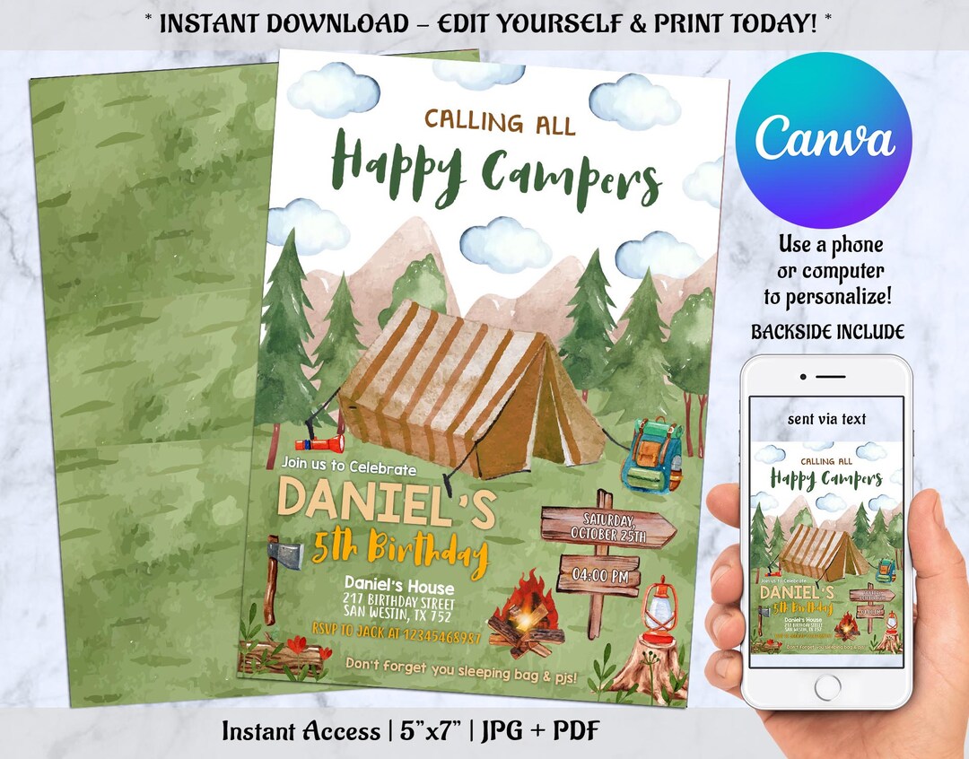 Editable Camping Birthday Invitation, Camping Party Invitation, Camping ...