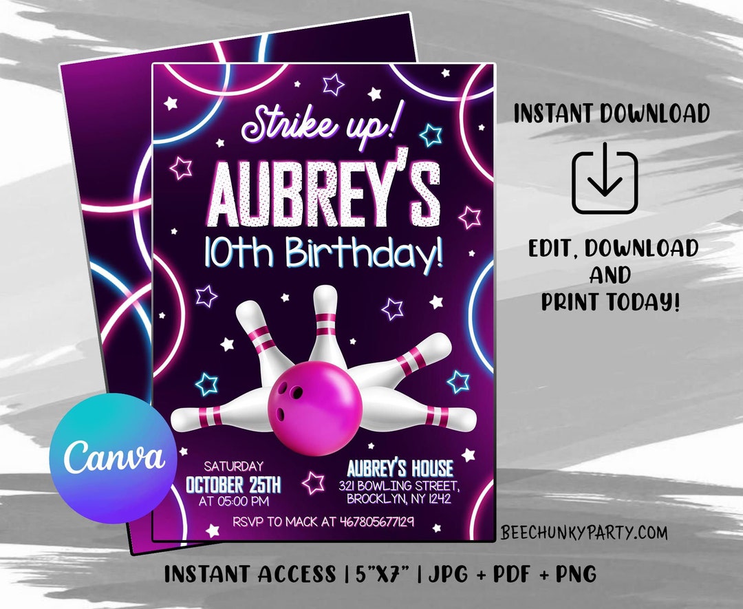 EDITABLE Bowling Party Invitation, Editable Bowling Birthday Invitation ...