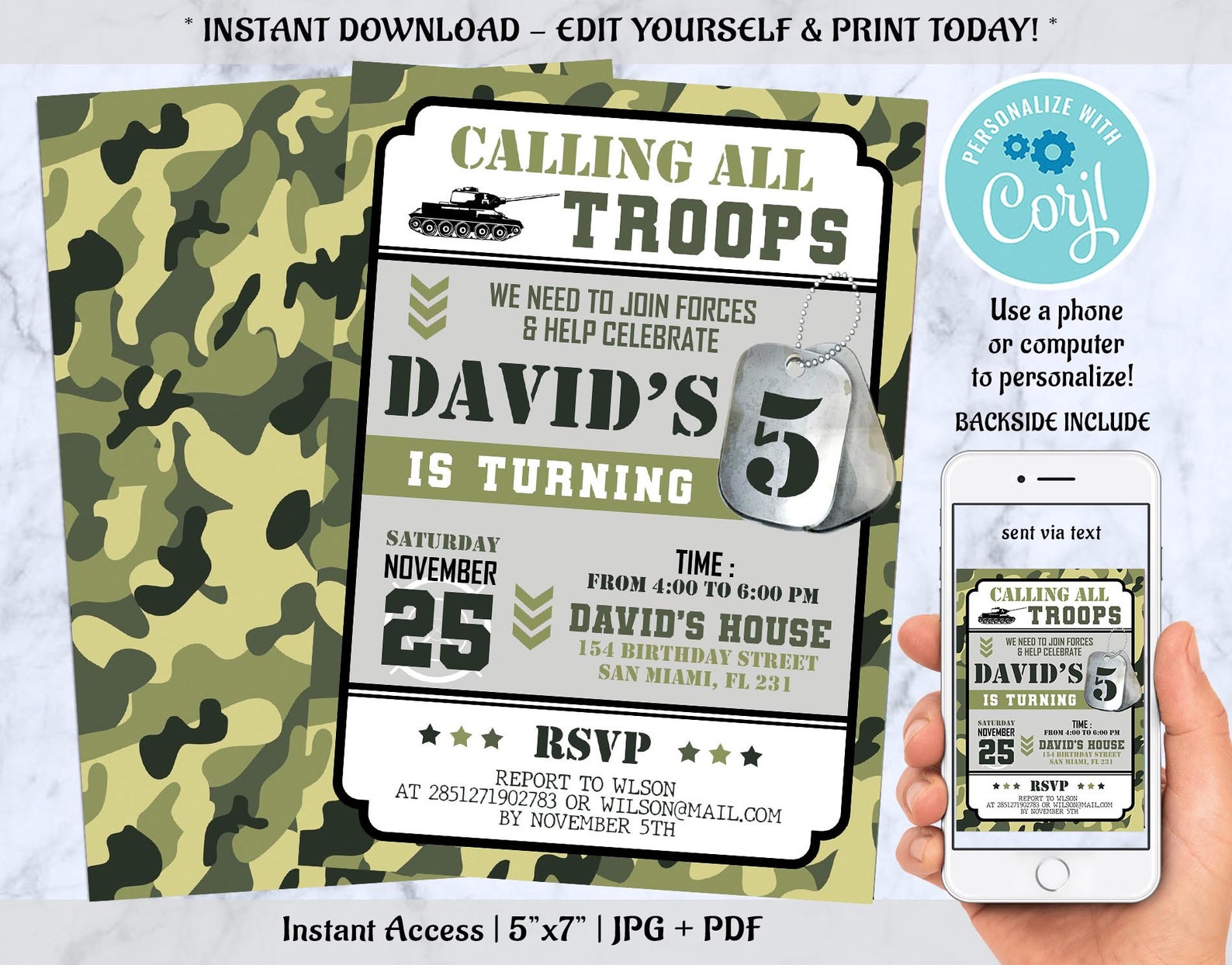Editable Army Birthday Invitation, Army Invitation, Army Template ...