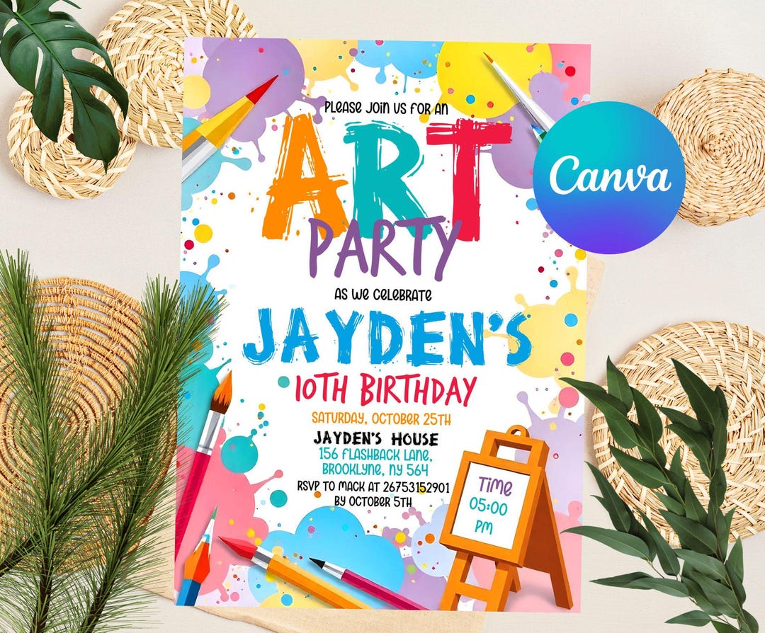 Editable Art Birthday Invitation, Painting Party Girl Birthday Invite ...