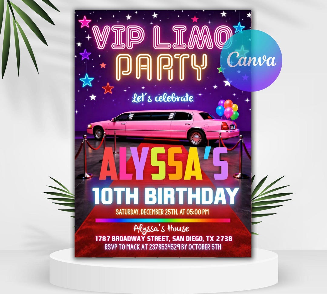 Editable Pink Limo Party Invitation Template, Rainbow VIP Limousine ...