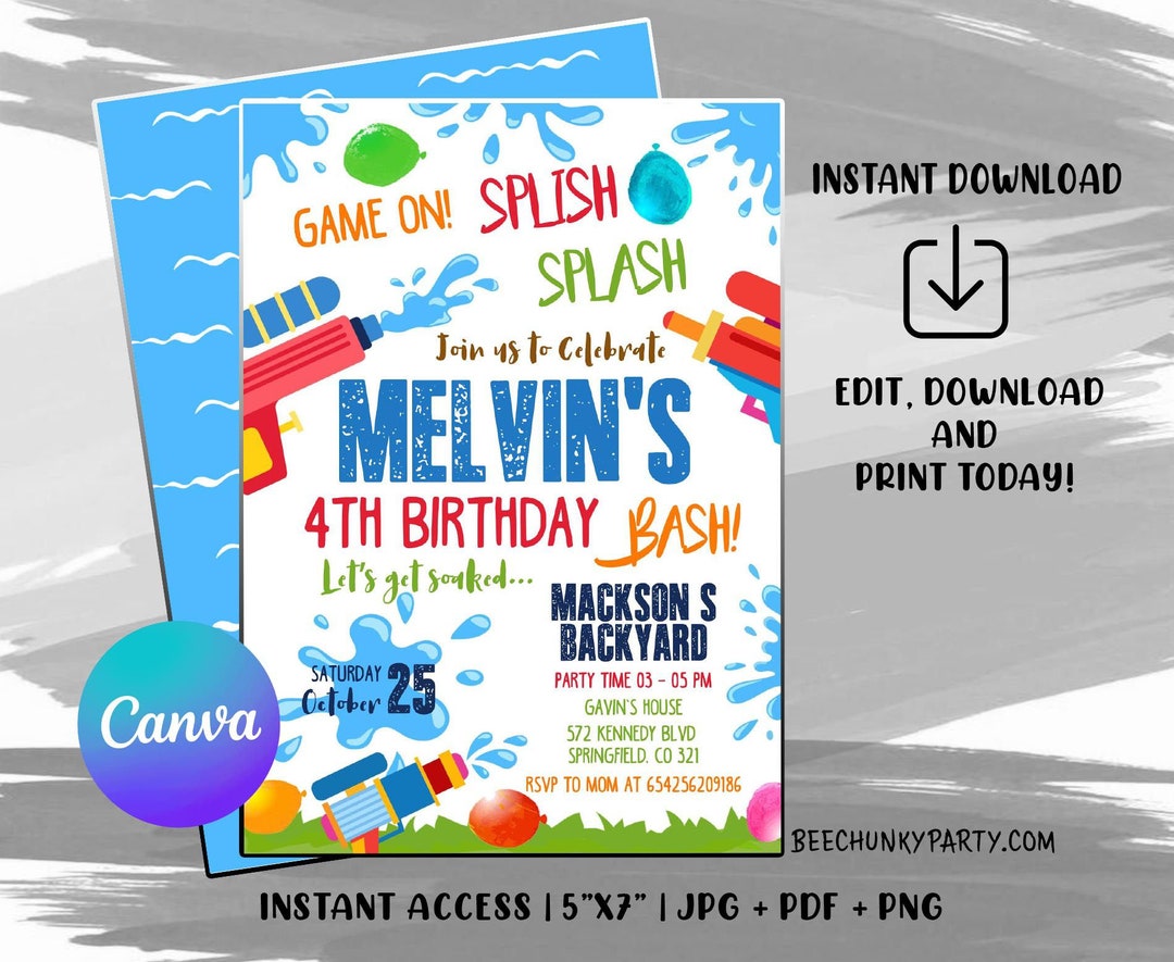 Editable Water Gun Birthday Invitation, Water Gun Invitation, Splash ...