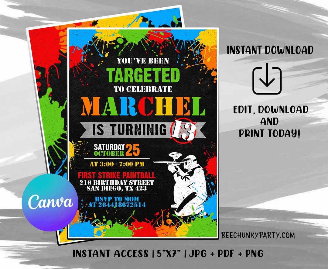 Paintball Birthday Invitation, Paintball Invitation, Paintball Party ...