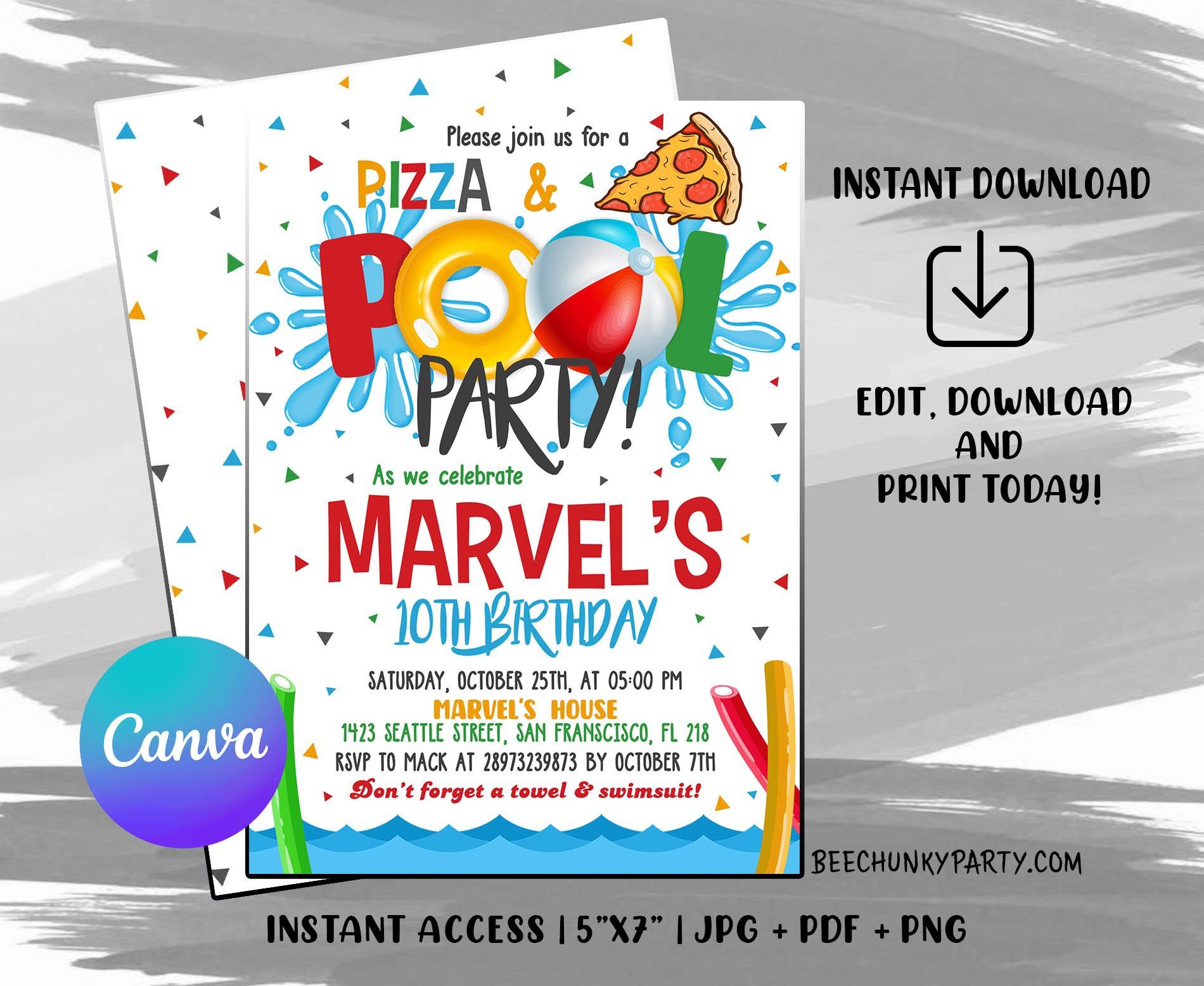 Pizza Pool Party Invitation, Boy Pool Party, Pizza and Pool Party ...