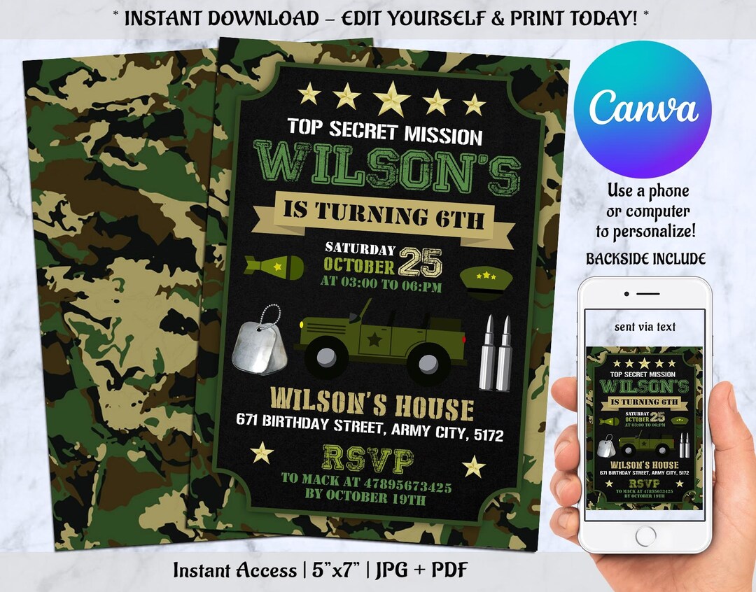 Editable Military Party Invitations, Army Birthday Invitation, Soldier ...