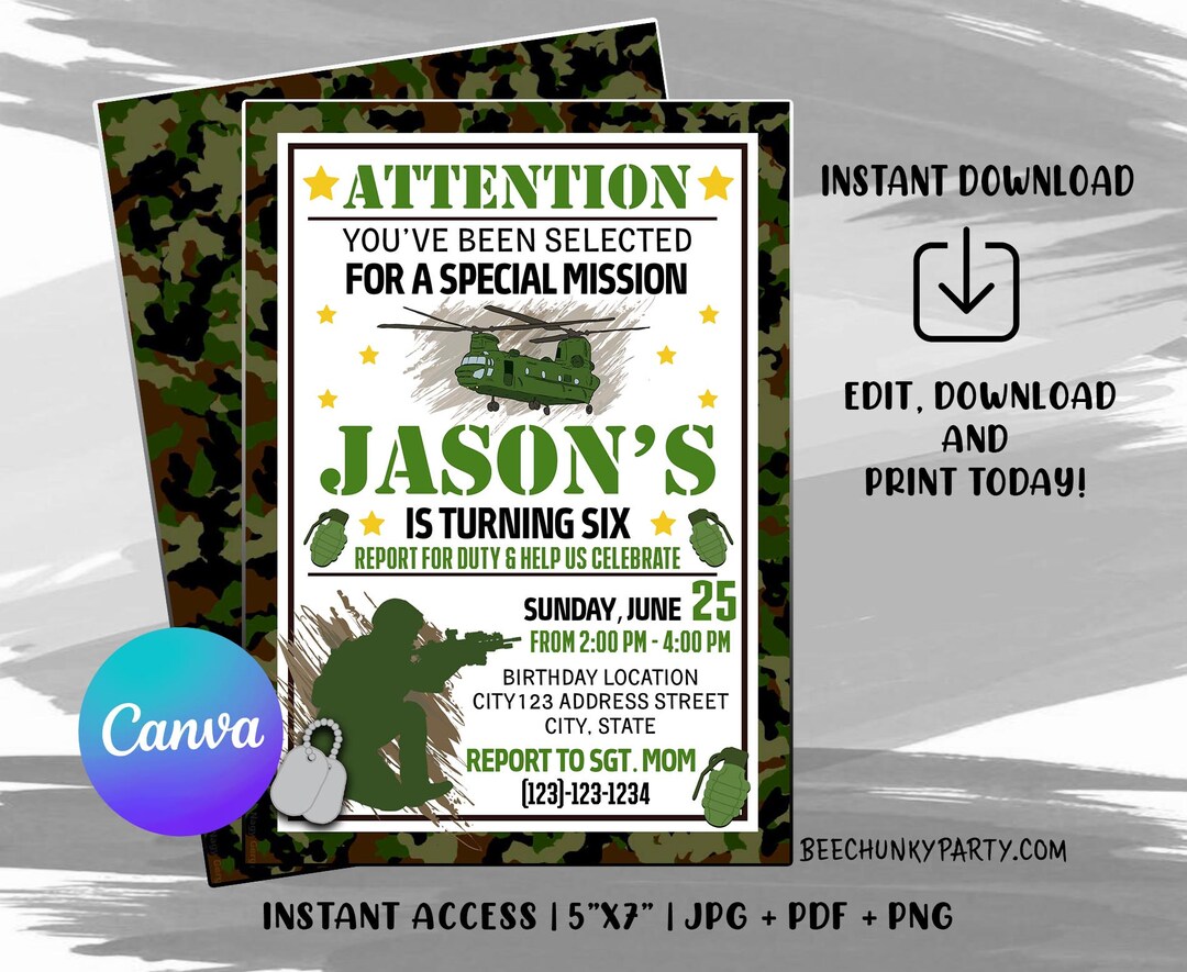 Editable Army Invitation, Army Birthday Invitation, Army Invitation ...