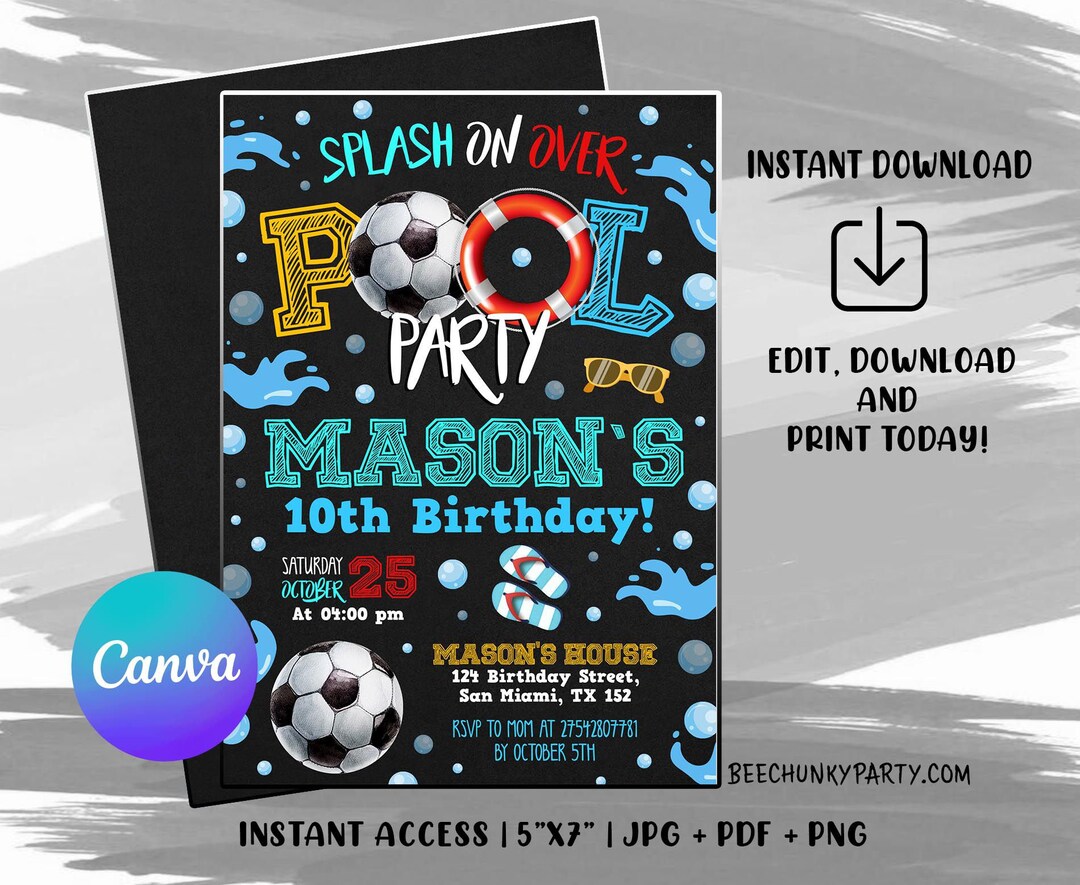 Soccer Pool Party Invitation, Boy Pool Party, Soccer and Pool Party ...