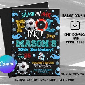 Soccer Pool Party Invitation, Boy Pool Party, Soccer and Pool Party ...