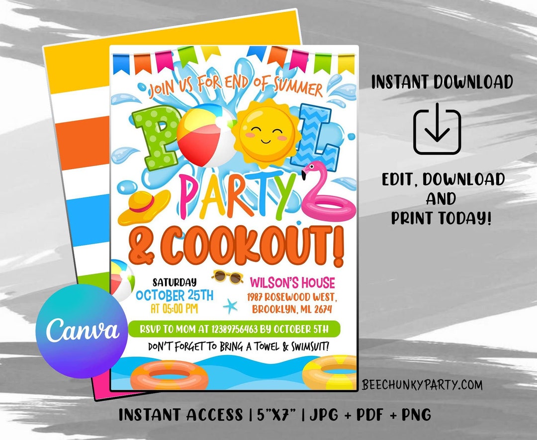 End of Summer Pool Party Invitation, Back to School Pool Party and ...