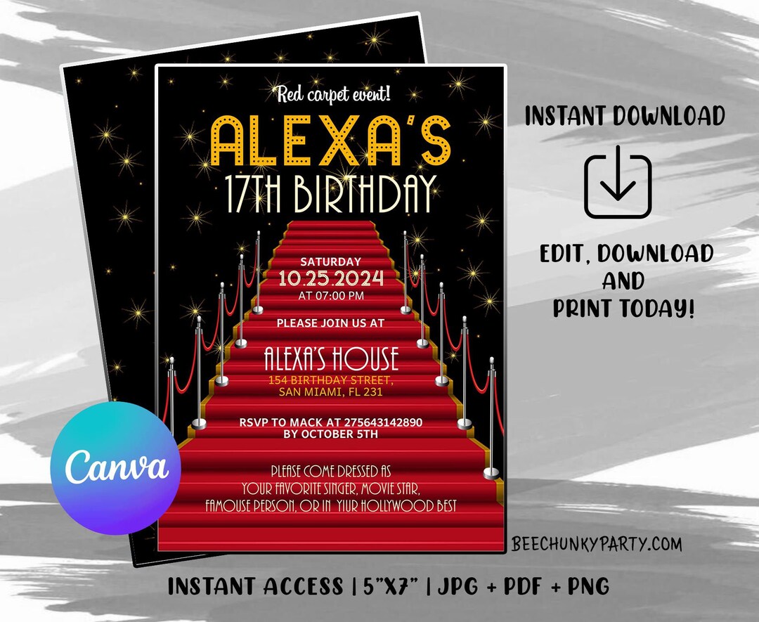EDITABLE Red Carpet Birthday Invitation, Hollywood Movie Party Invite ...