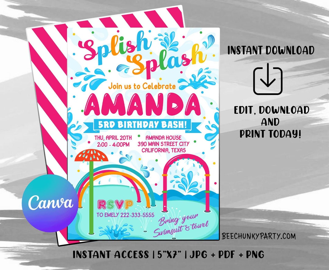 Splash Pad Party Invitation, Splish Splash Invitation, Water Park Party ...