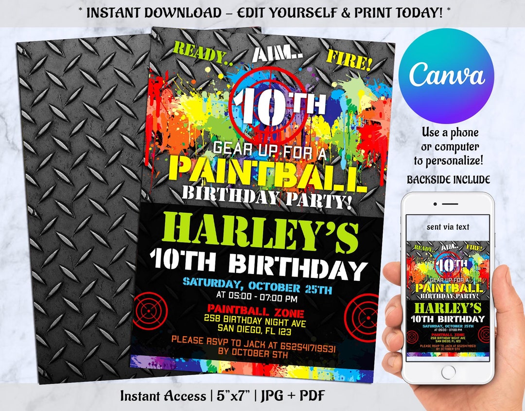 Paintball Birthday Invitation, Paintball Invitation, Paintball Party ...