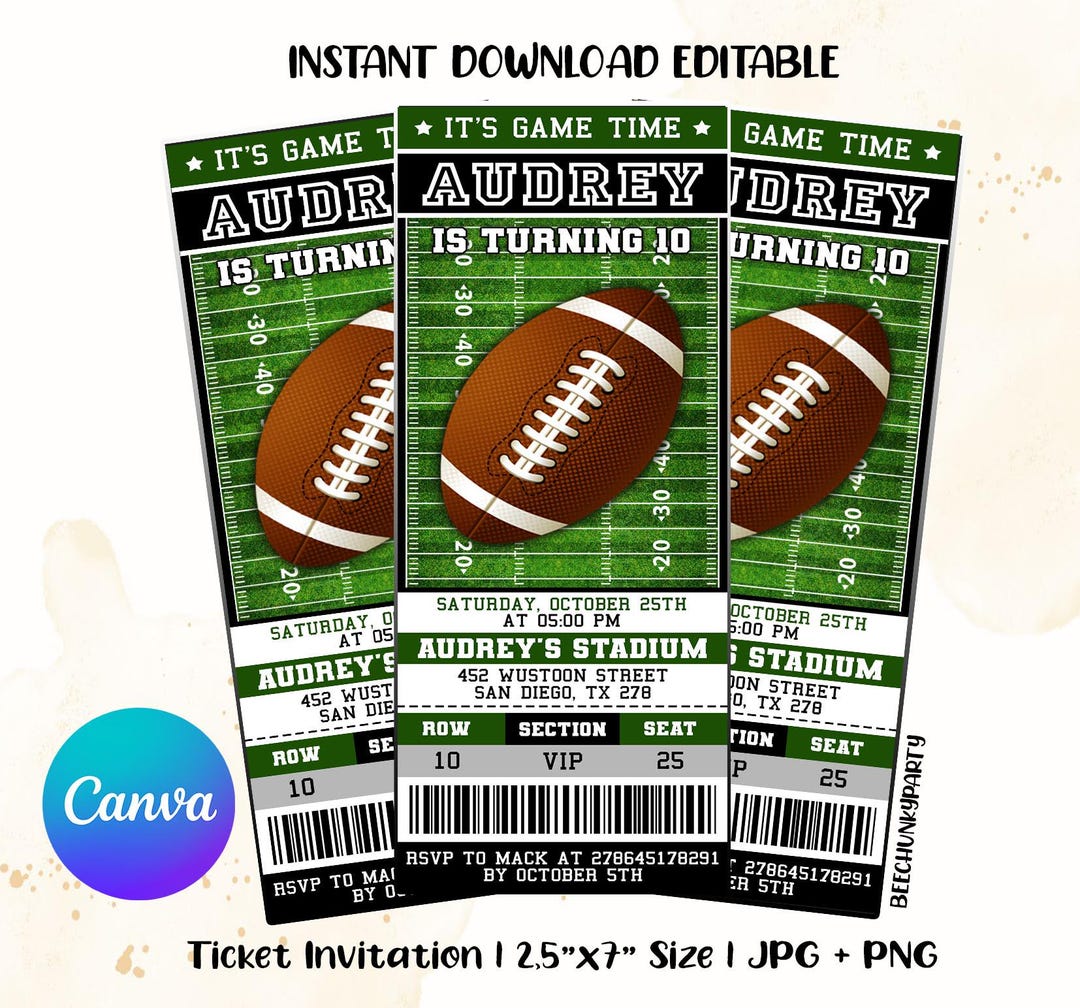 Editable Football Ticket Birthday Invitation, American Football Ticket ...