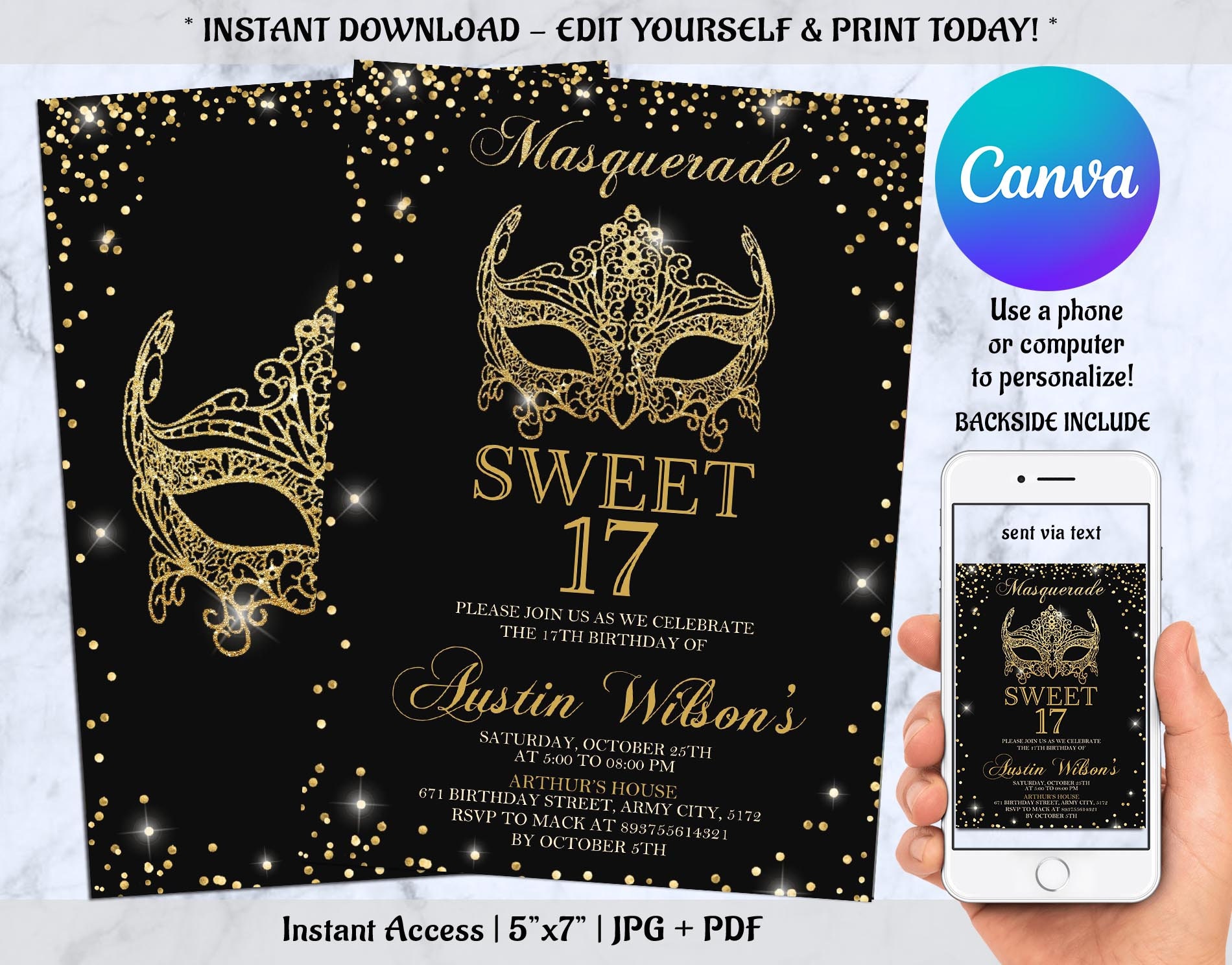 Editable Masquerade Party Invitation, Woman Masquerade Birthday Party ...