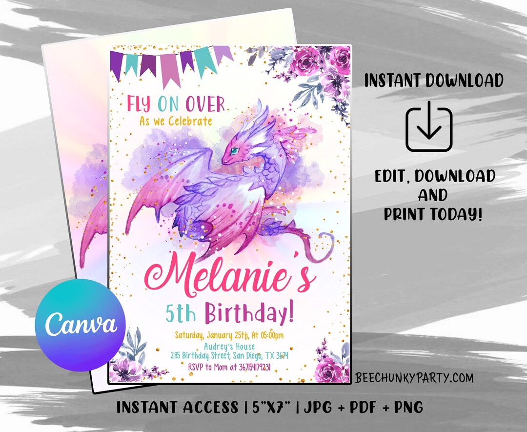 Editable Purple Dragon Invitation, Girl Dragon Birthday Party ...