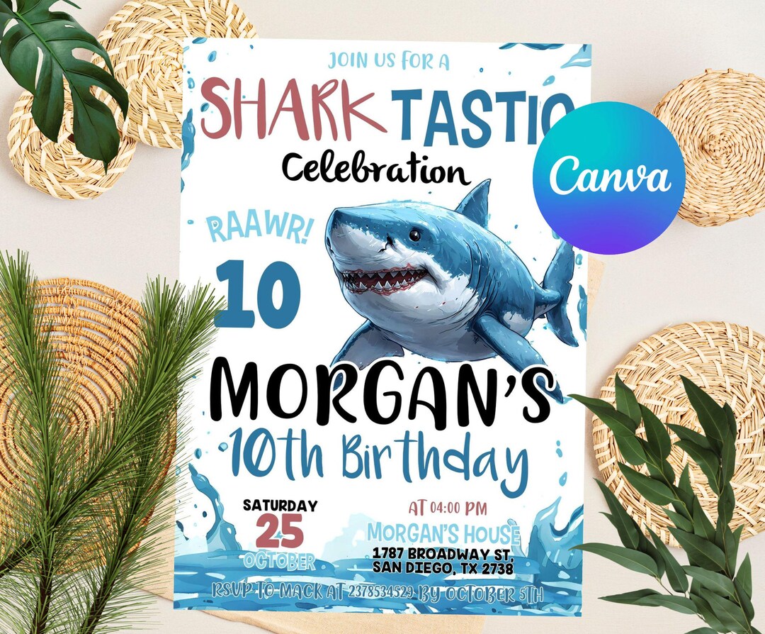 Shark Birthday Invitation, Shark Party Invites, Boy Birthday Invitation ...