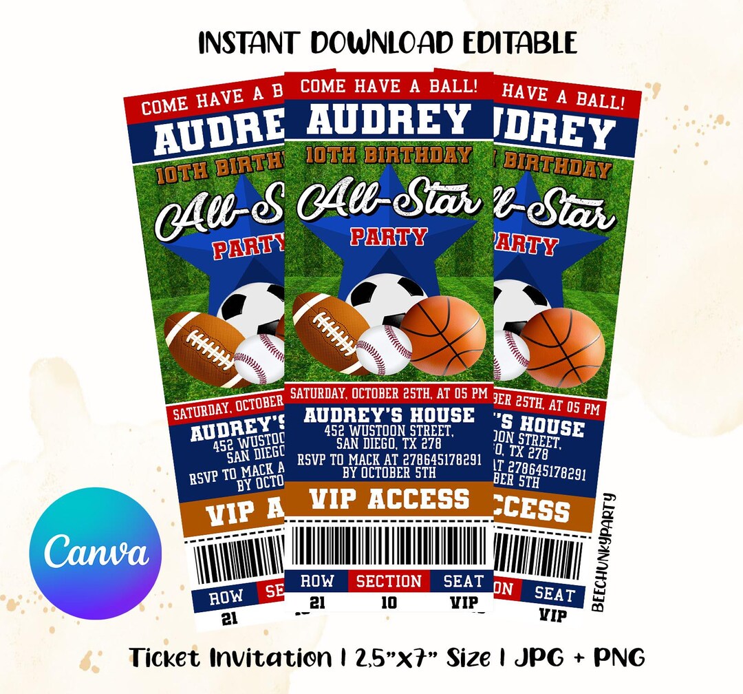 Editable All Star Sport Ticket Invitation, Sports Birthday Invitation ...