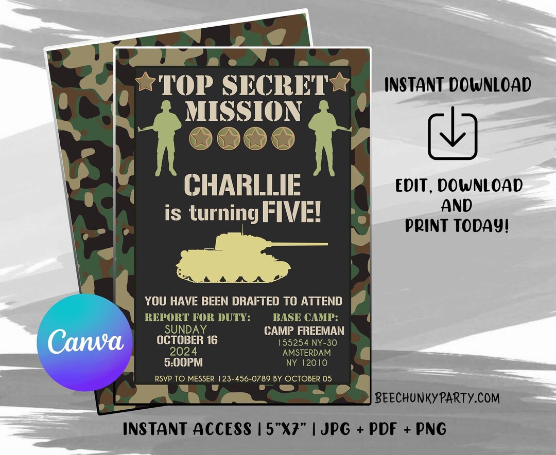 Editable Military Party Invitations, Army Birthday Invitation, Soldier ...