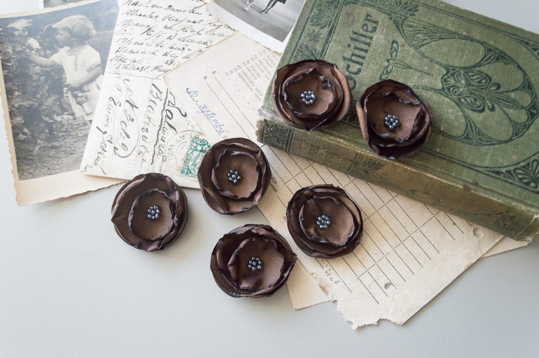 Taffeta Flower Appliques 6 or 12pcs Chocolate Brown Beaded ...