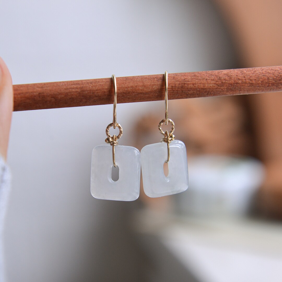Natural Type A Jadeite Jade Square Shape 14K Gold Filled Short Earrings ...