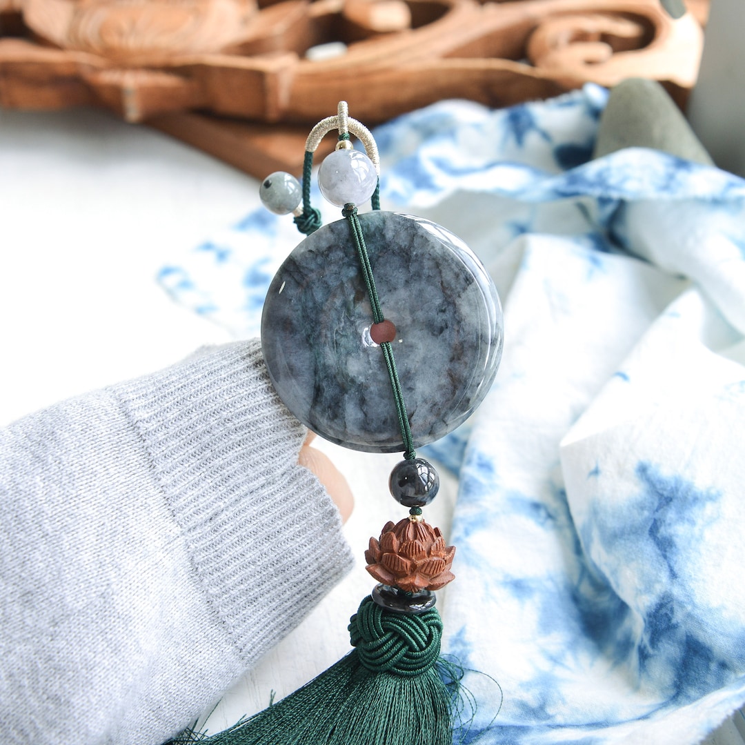 Natural Type A Jadeite Jade Wood Lotus Long Tassel Wall Hanging ...